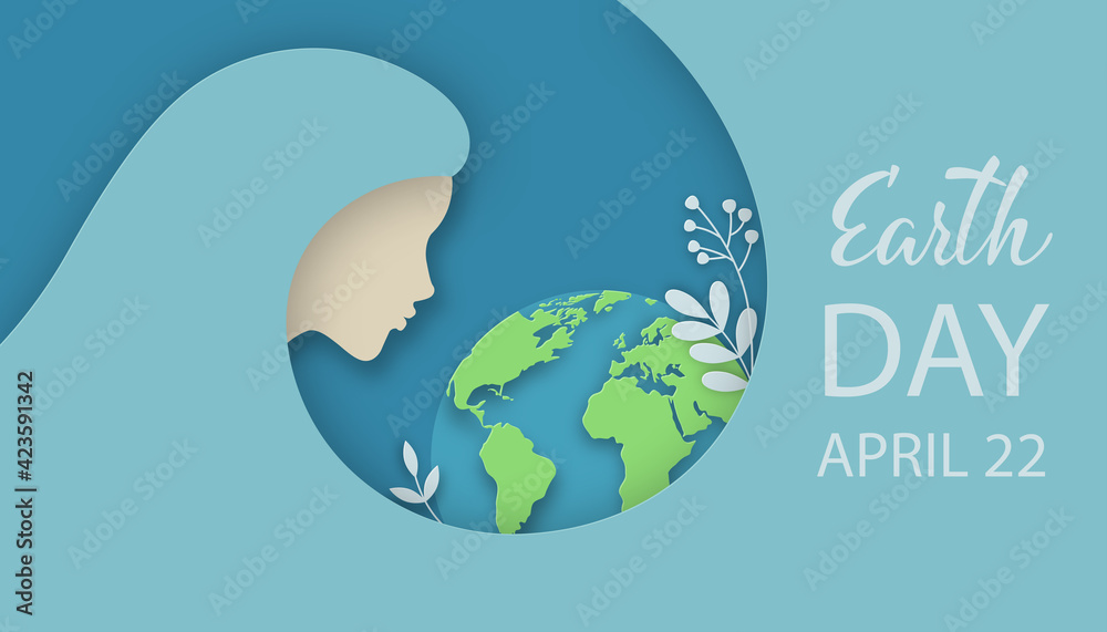 Earth day illustration of woman silhouette with planet Earth, flowers ...