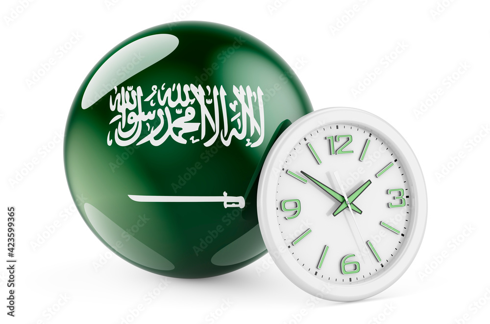 Saudi Arabian flag with clock. Time in Saudi Arabia, 3D rendering Stock ...