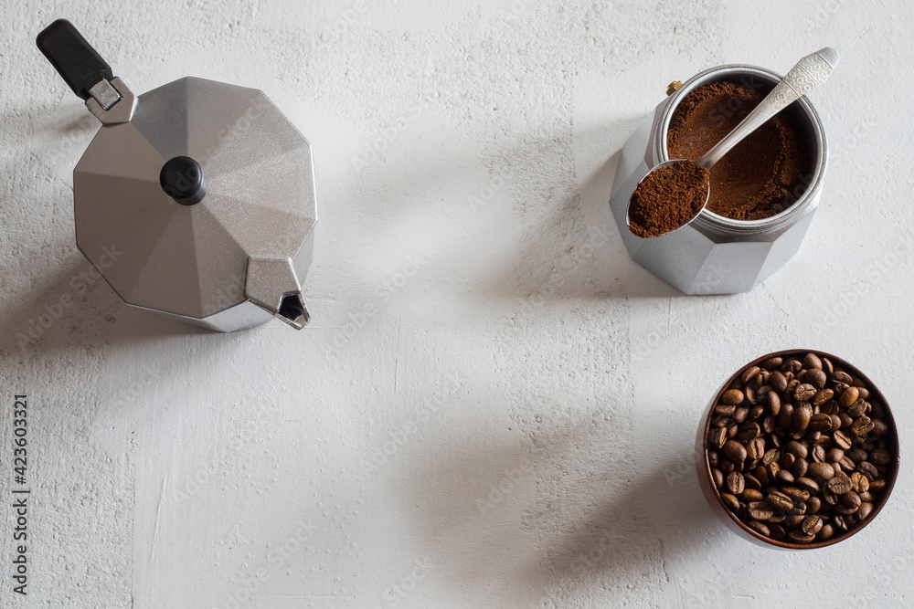 Moka pot. Espresso coffee making tool. Stock Photo | Adobe Stock