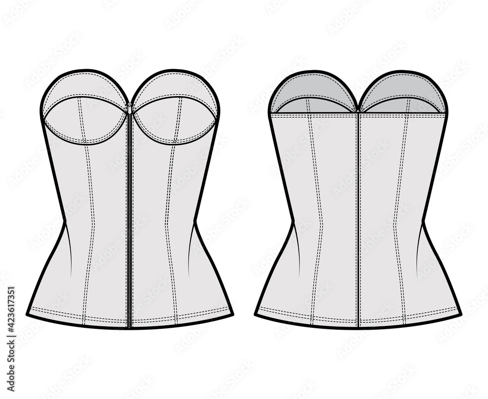 Denim corset top bustier technical fashion illustration with basque ...