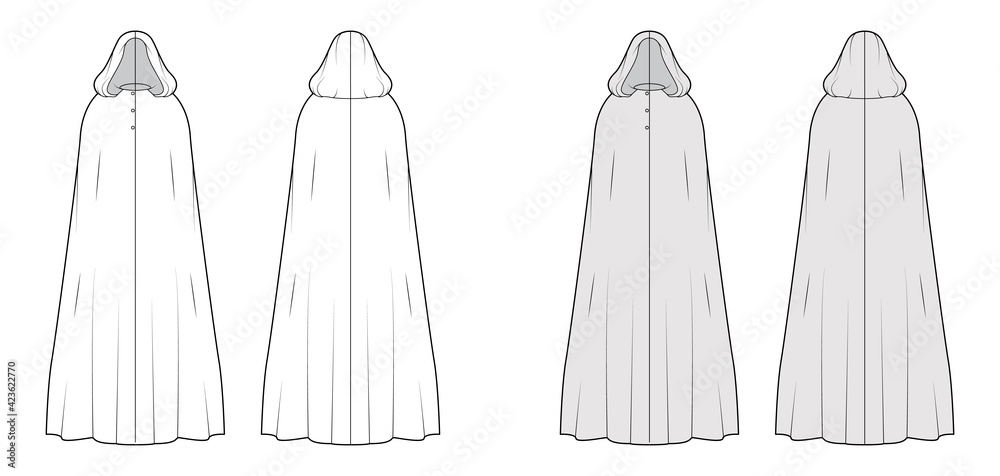 Cloak coat technical fashion illustration with hood, oversized trapeze ...