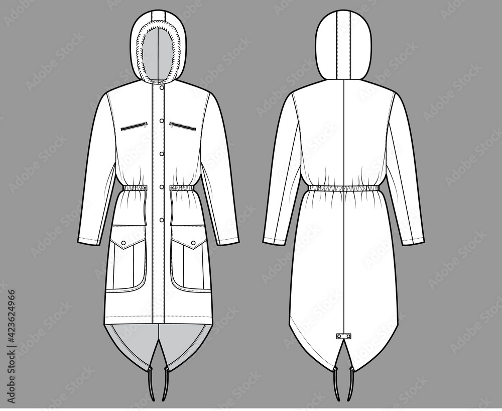 Parka coat technical fashion illustration with faux fur hood, long ...