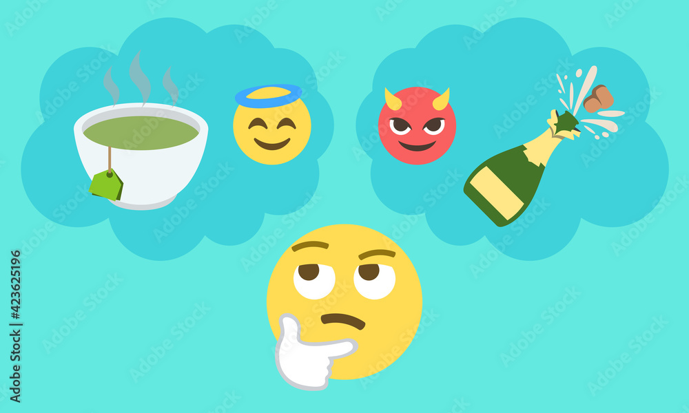 thinking face and two thought bubbles with angel face and teacup on the ...