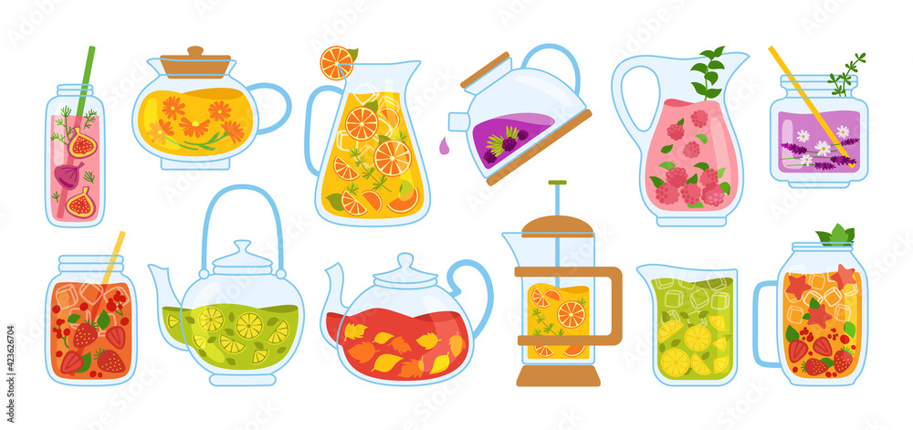 Cup of tea and cocktails cartoon set. Tea time mug teapot and herbs ...