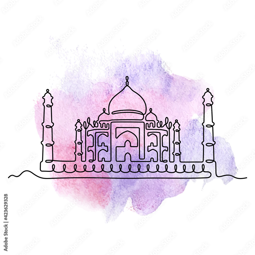 Taj Mahal one line drawing on watercolour background. Vector ...