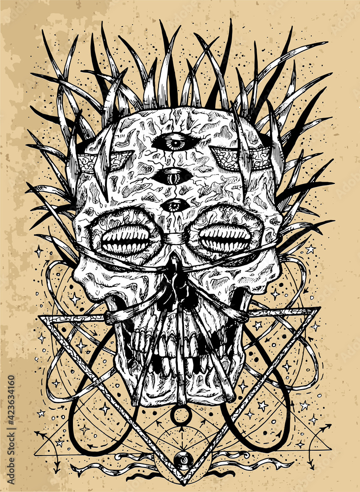 Grunge horror illustration with skull, tentacles and sacred geometry ...