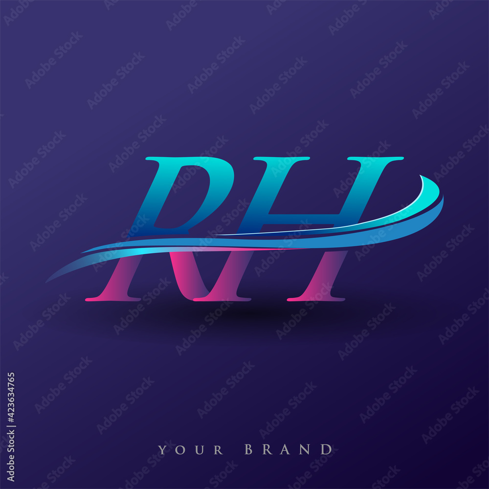 RH initial logo company name colored blue and magenta swoosh design ...