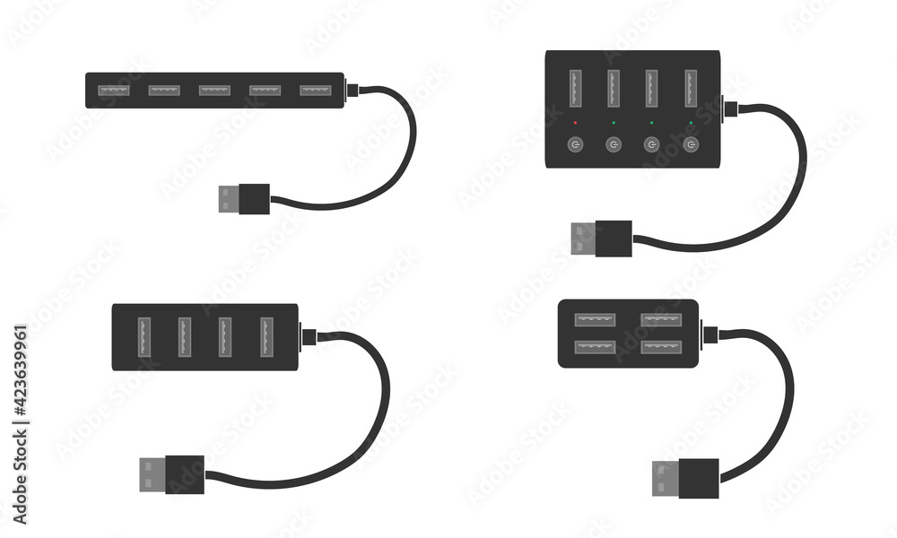 A complete set of modern USB splitters with ports and cable. USB hub ...