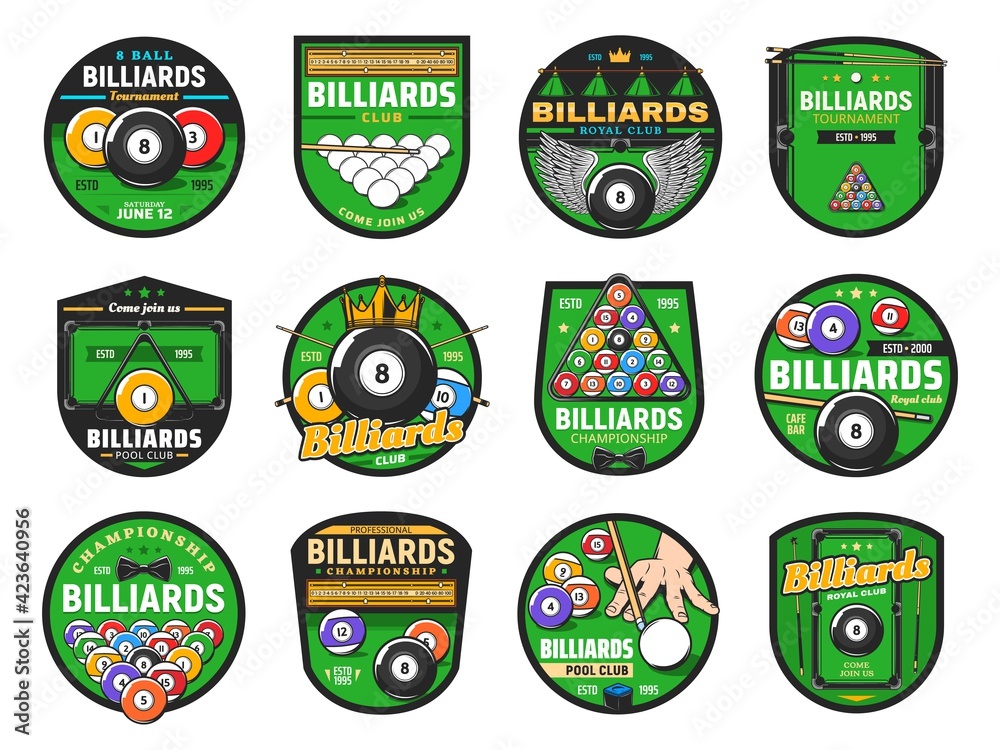 Billiards and pool cue sport vector icons with isolated balls, cues and ...
