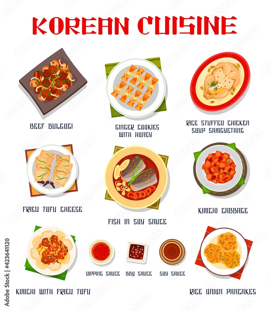 Korean cuisine food dishes meals and kimchi rice, vector Asian ...