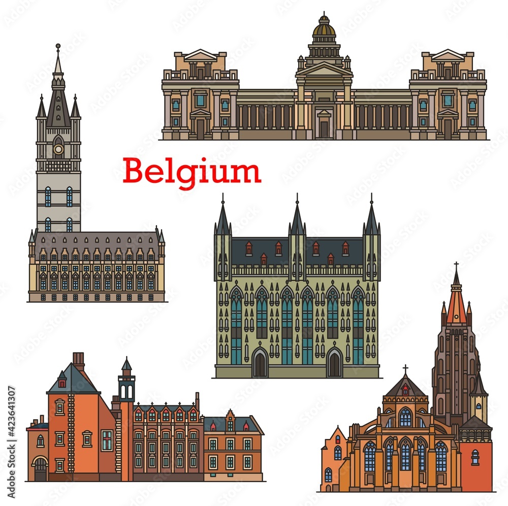 Belgium travel landmarks, architecture of Brussels and Bruges, vector ...