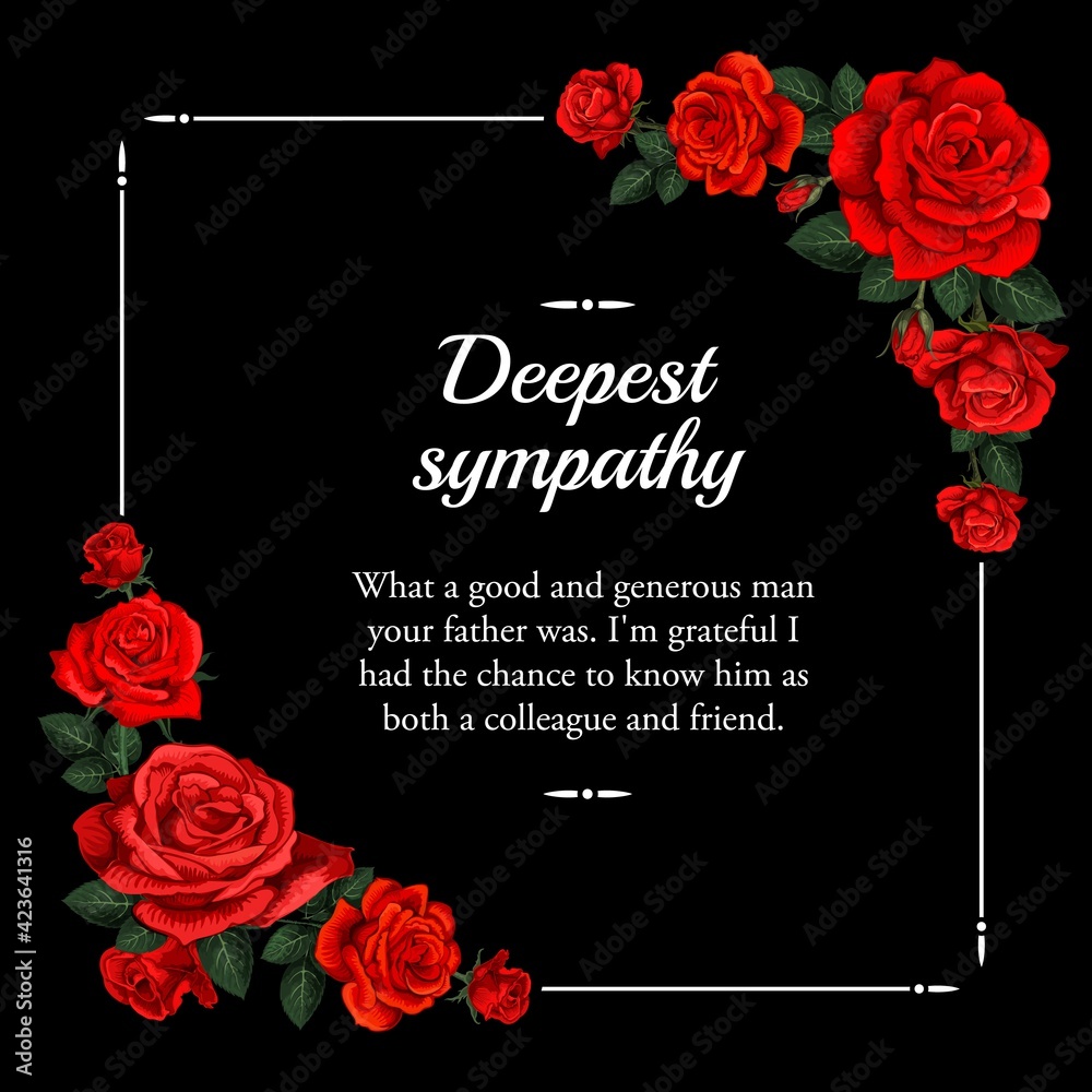 Funeral vector card with red rose sketch flowers. Obituary poster with ...