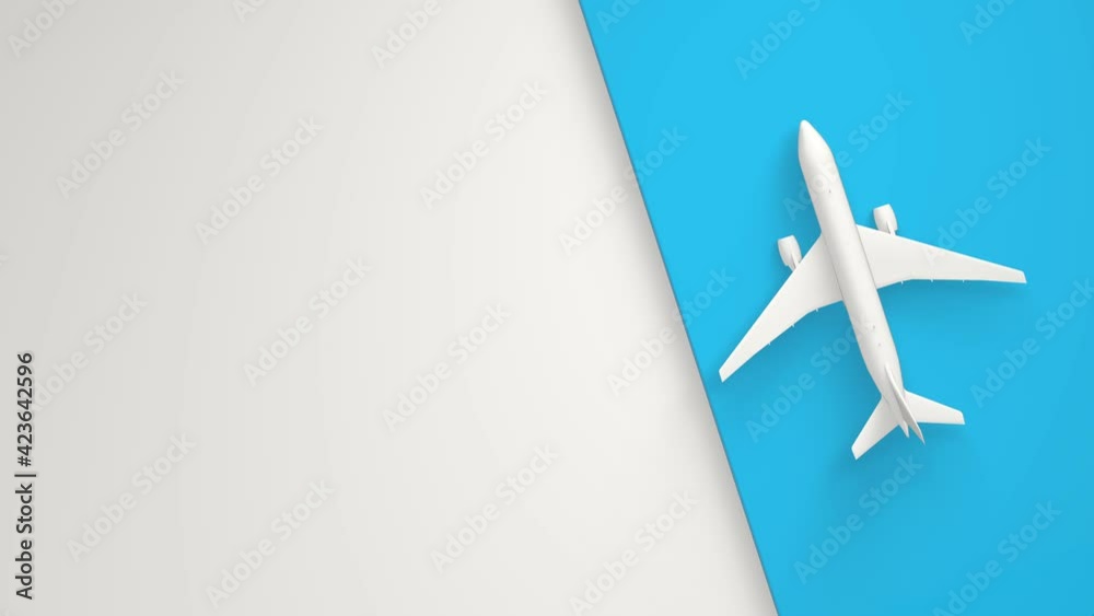 4K White plane on the blue runway. Top view and white background ...