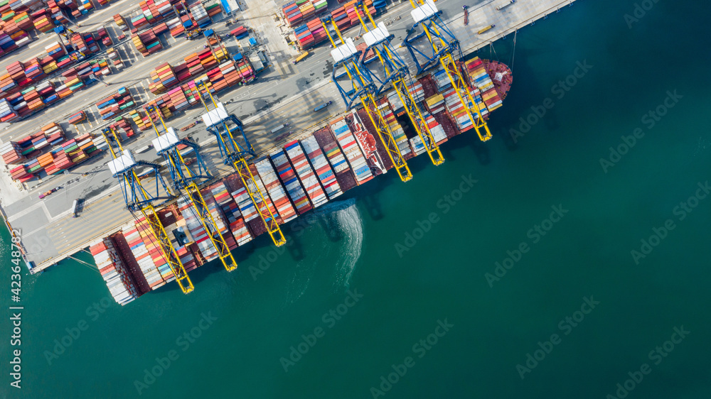Aerial top view Cargo operations on container ship in port. Business ...