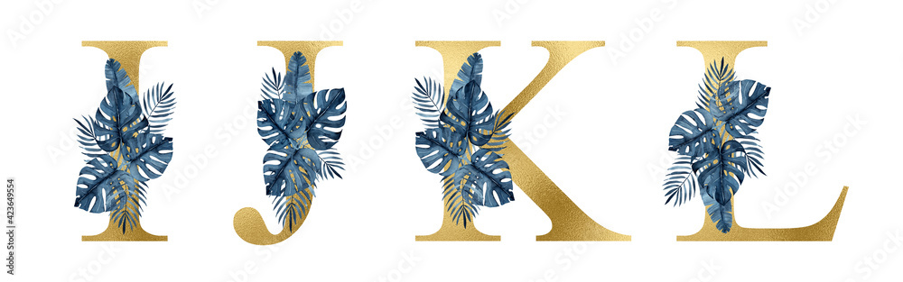 Watercolor Gold Floral Alphabet Set Collection with Navy Blue tropical ...