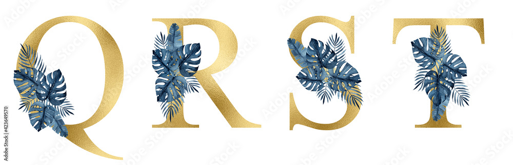 Watercolor Gold Floral Alphabet Set Collection with Navy Blue tropical ...