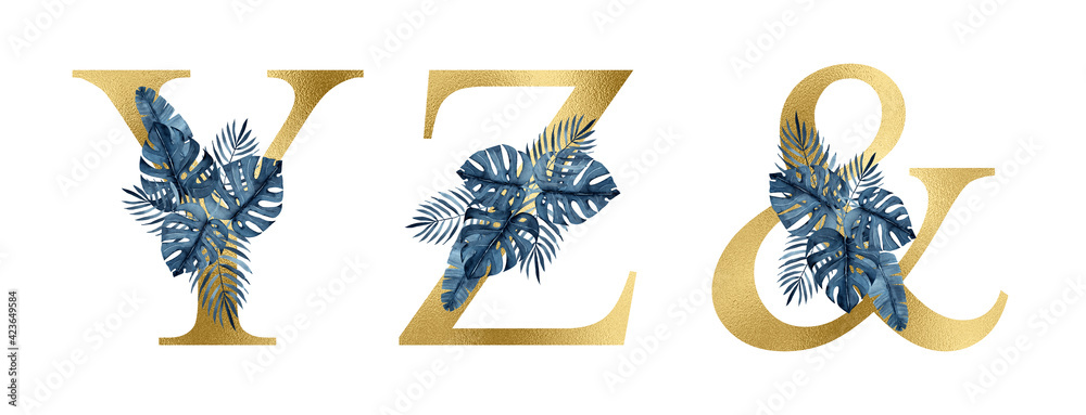 Watercolor Gold Floral Alphabet Set Collection with Navy Blue tropical ...