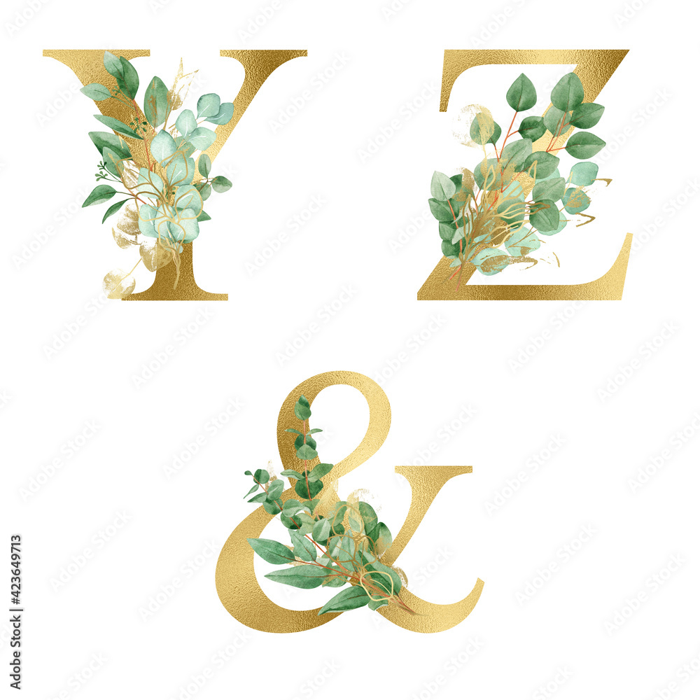 Watercolor Gold Floral Alphabet Set Collection with green and gold ...