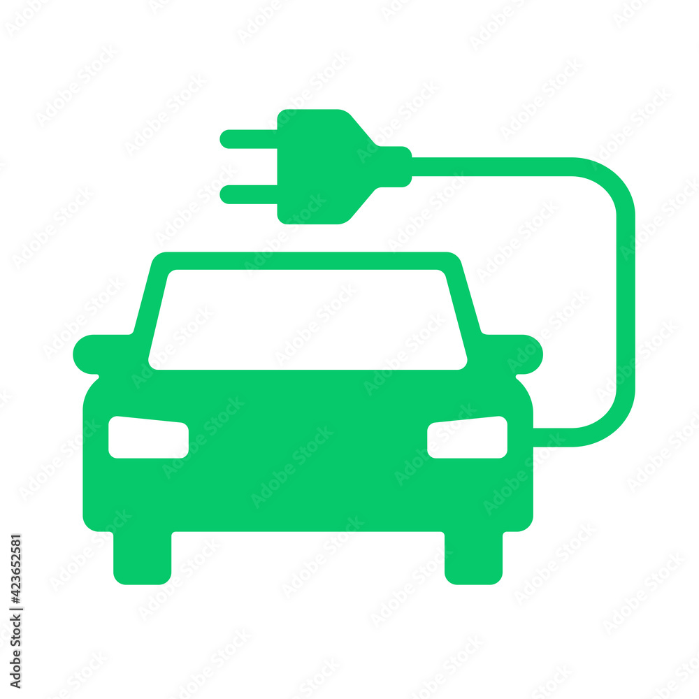Electric car with plug icon symbol, EV car, Green hybrid vehicles ...