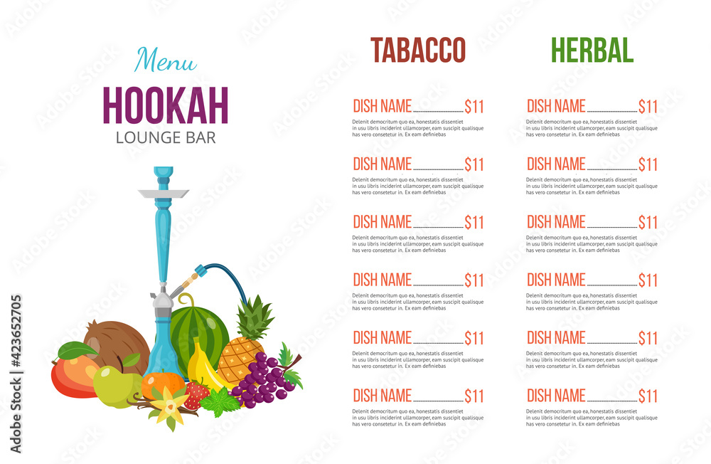 Hookah lounge bar menu with list of tobacco flavors, flat vector illustration. Stock Vector ...