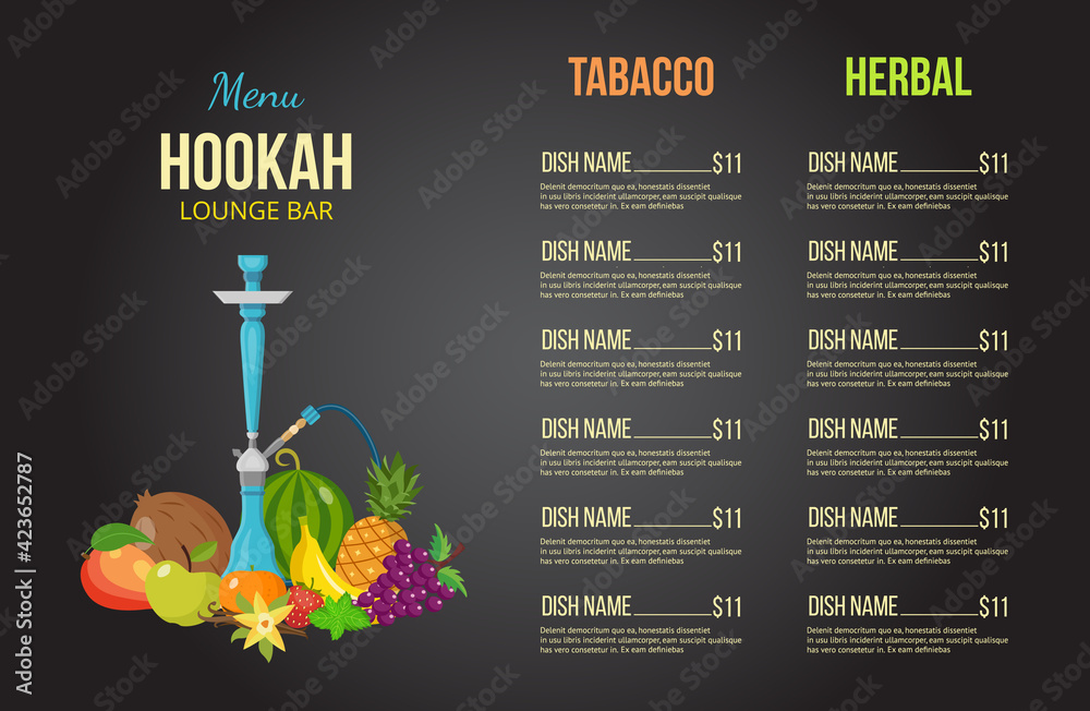 Hookah lounge bar menu design with smoking devices flat vector ...
