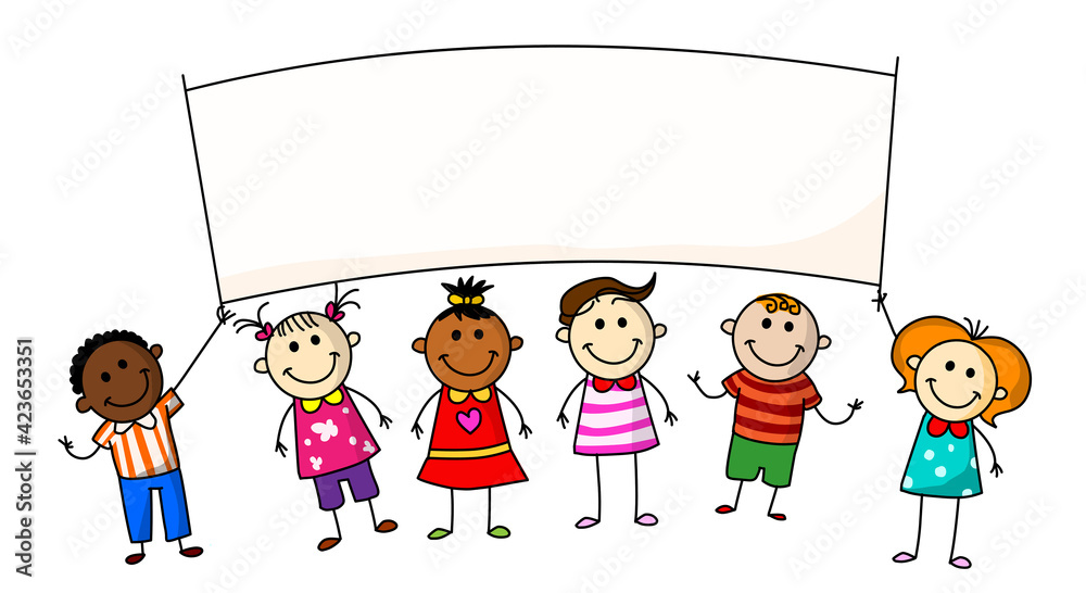 Happy kids holding banner stick figure Stock Vector | Adobe Stock