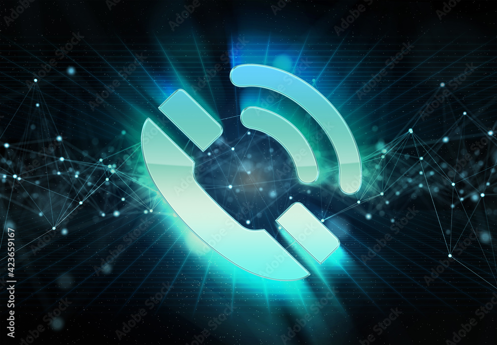 Communication neon icon illuminating a brick wall with blue and pink ...