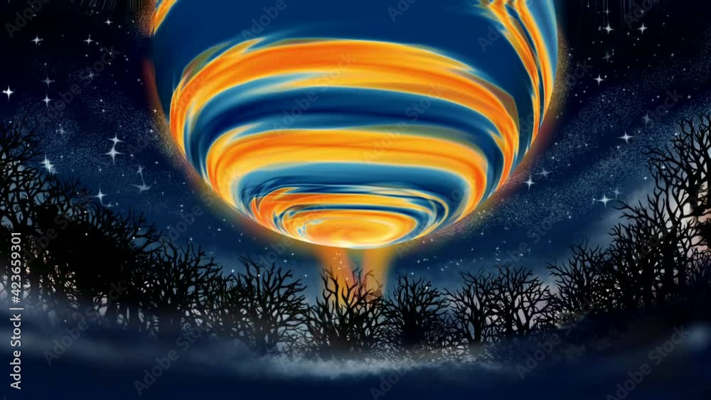 fantasy illustration of starry night sky with big glowing planet ...