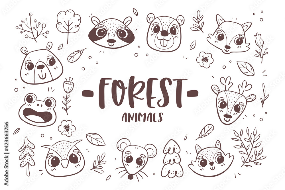 Animal doodle background. Forest animal heads with trees, plants, and ...
