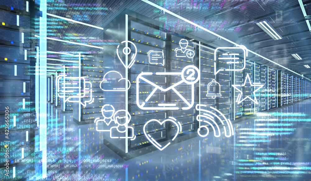 Multiumedia icons in a Server room data center - 3d rendering Stock ...