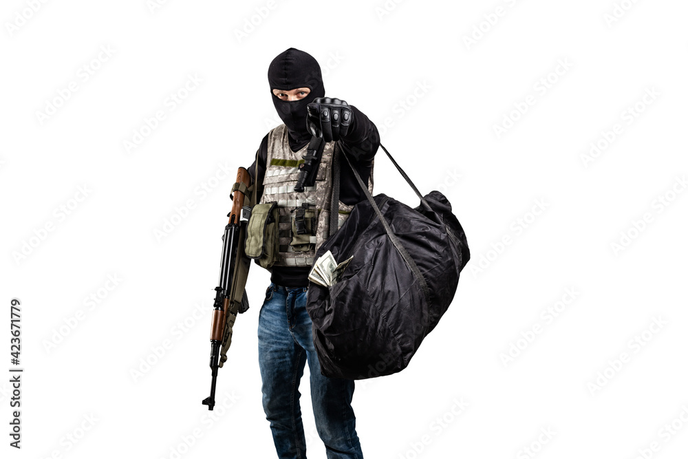 robber with a gun and a bag of money isolated on white background Stock ...