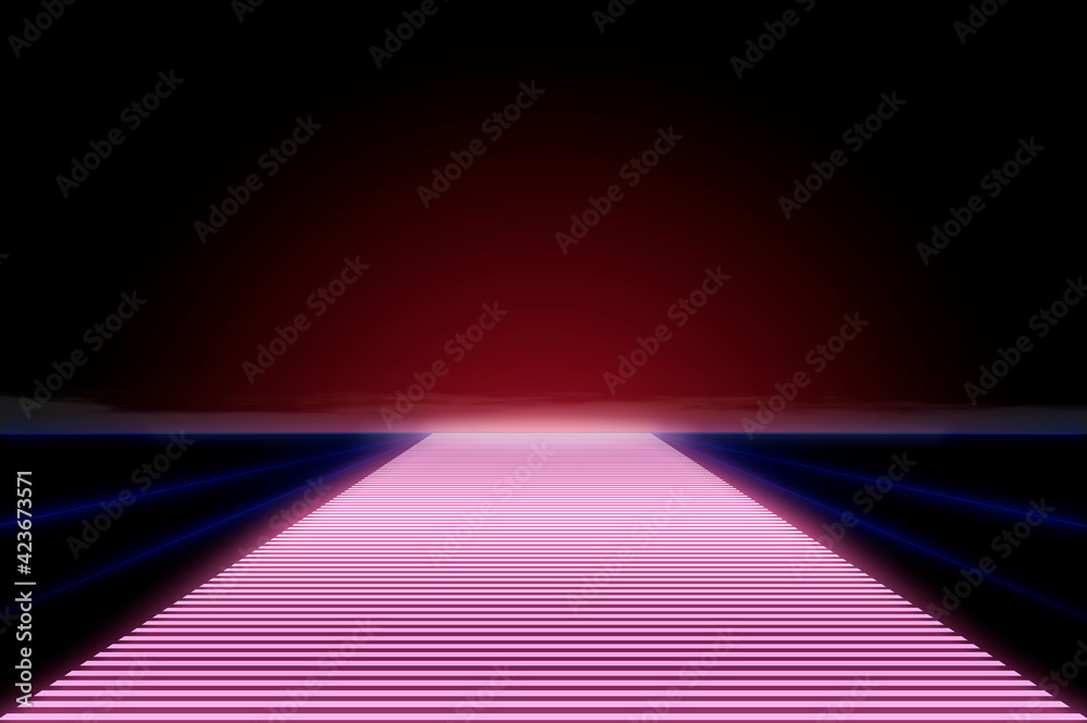 Vintage cyberpunk perspective grid, 1990's retro game environment and ...