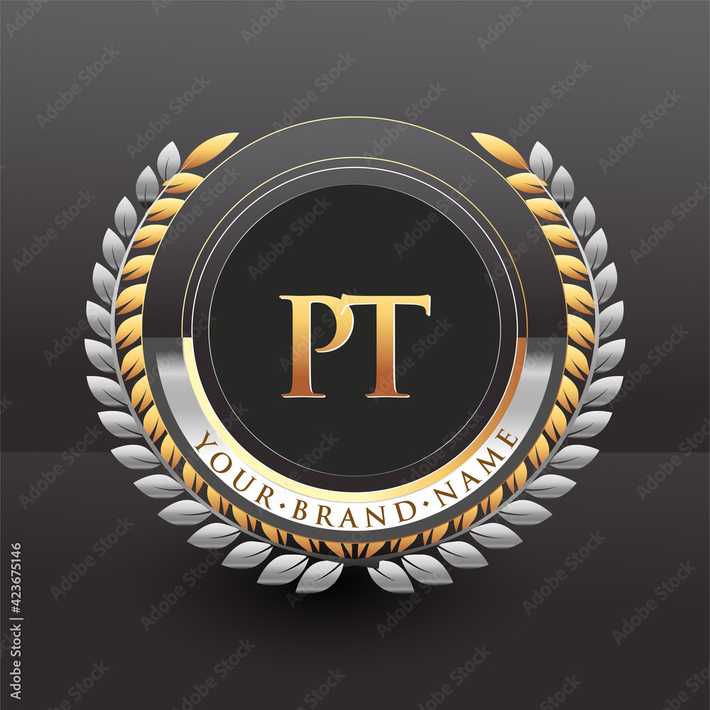 Initial logo letter PT with golden and silver color with laurel and ...
