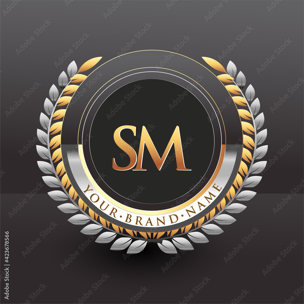 Initial logo letter SM with golden and silver color with laurel and ...