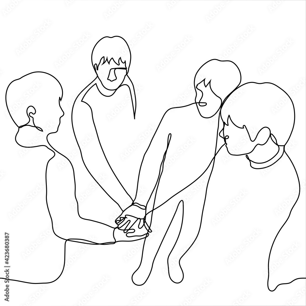 crowd of four guys who put their hands together - one line drawing ...