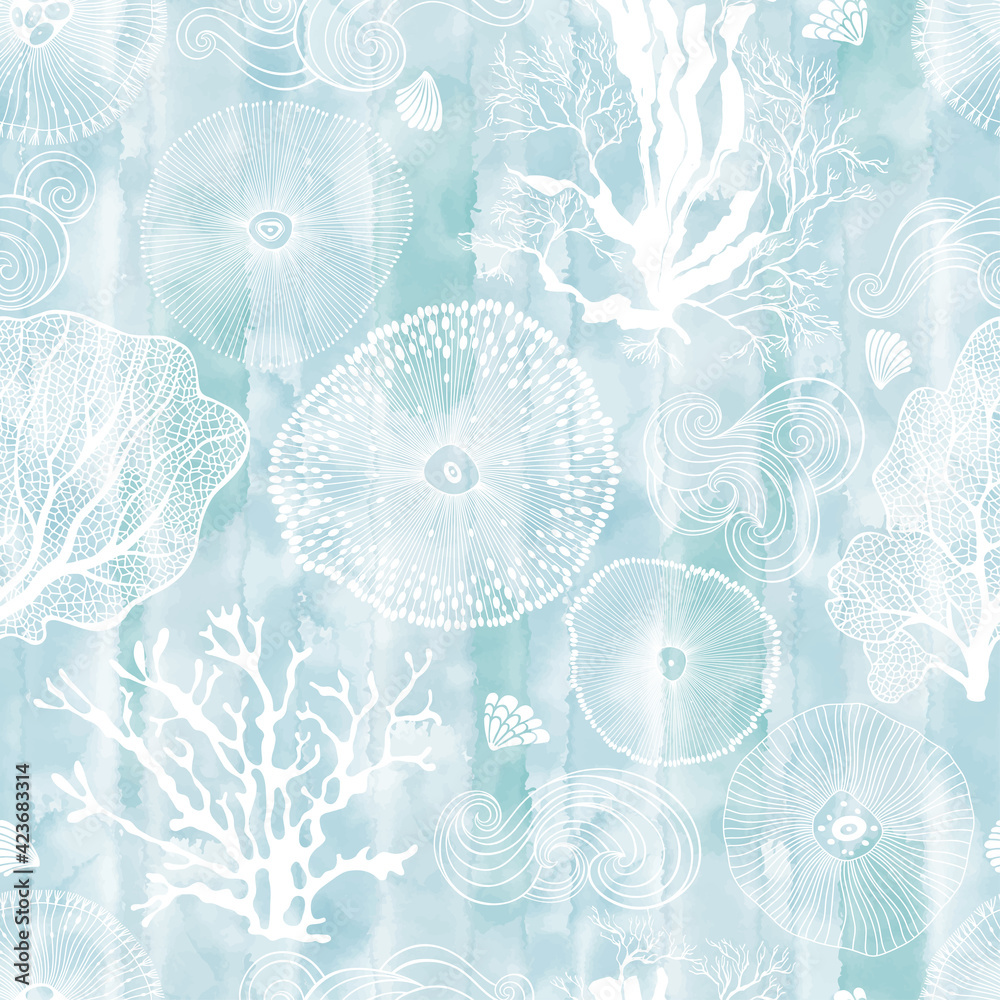 Sea. Abstract seamless pattern on the marine theme on blue watercolor ...