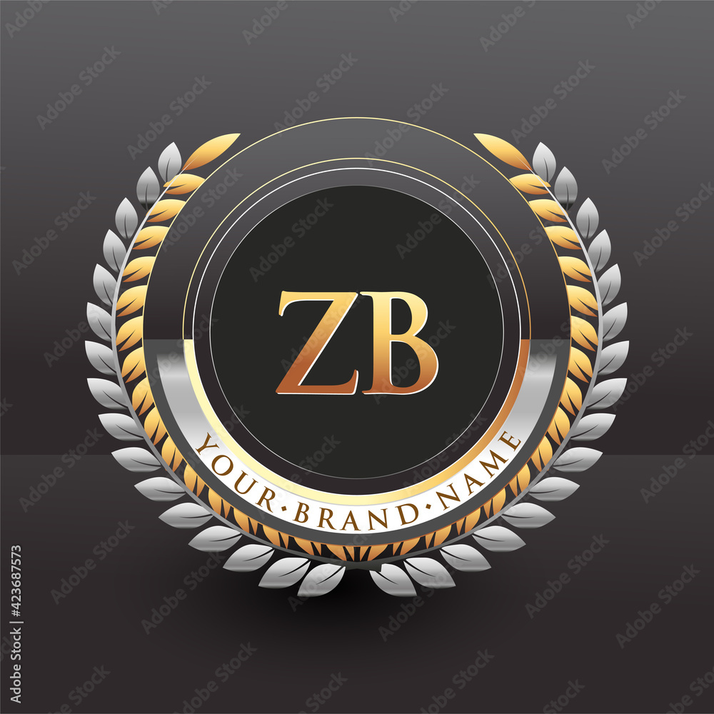 Initial logo letter ZB with golden and silver color with laurel and ...