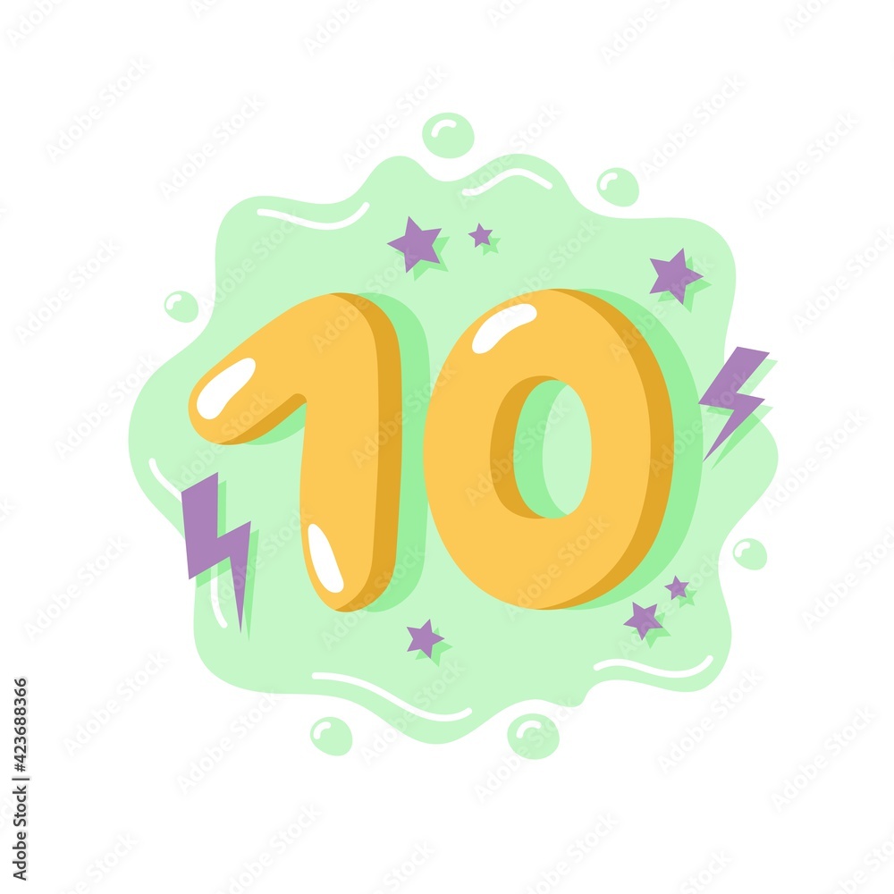 Cartoon number ten for kids, birthday card template. Vector ...