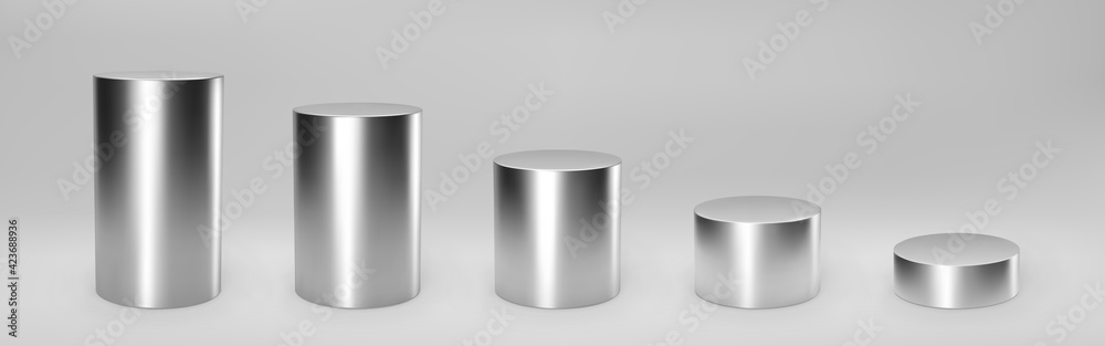 Silver 3d cylinder set front view and levels with perspective isolated ...