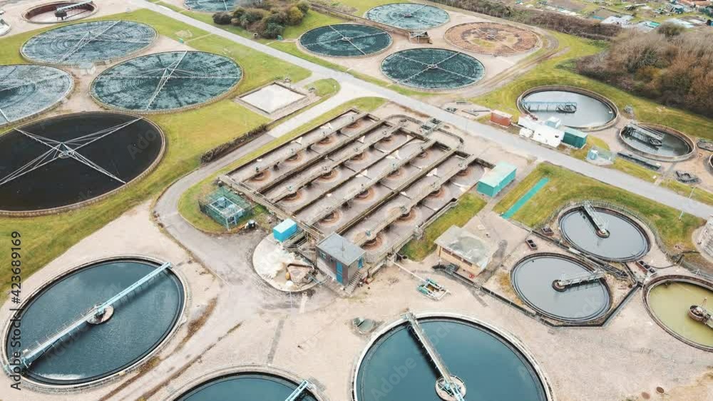 Wide aerial of water purification plant, clean drinking water ...