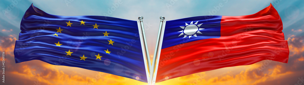European Union flag and Taiwan Flag waving with texture sky Cloud and ...