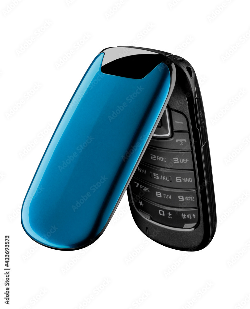 telefono celular azul abierto sobre fondo blanco, vintage. open blue ...