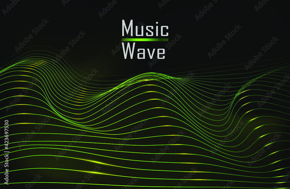 Light green wave on a dark background with shine.Imitation of a sound ...