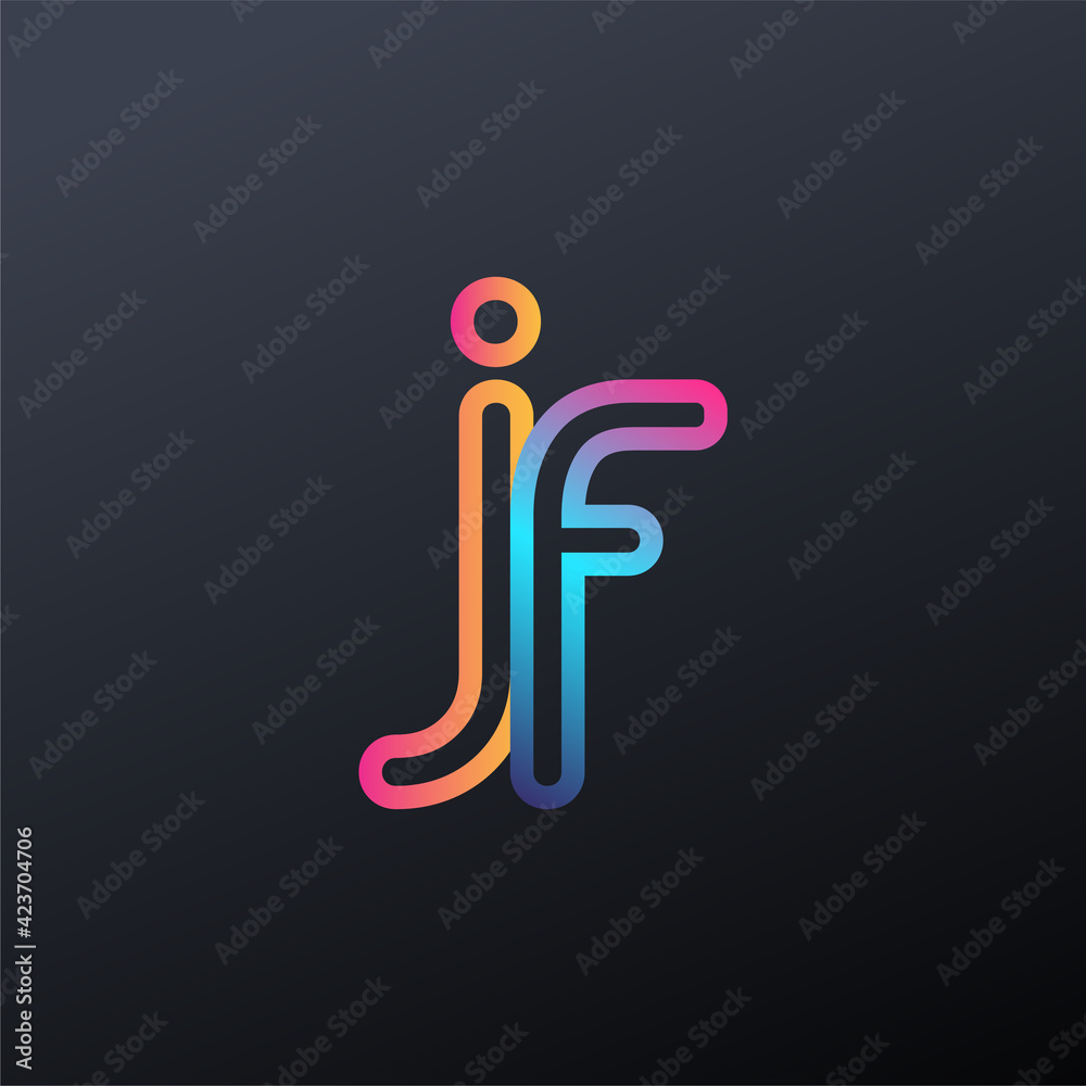 initial logo JF lowercase letter, colorful blue, orange and pink ...