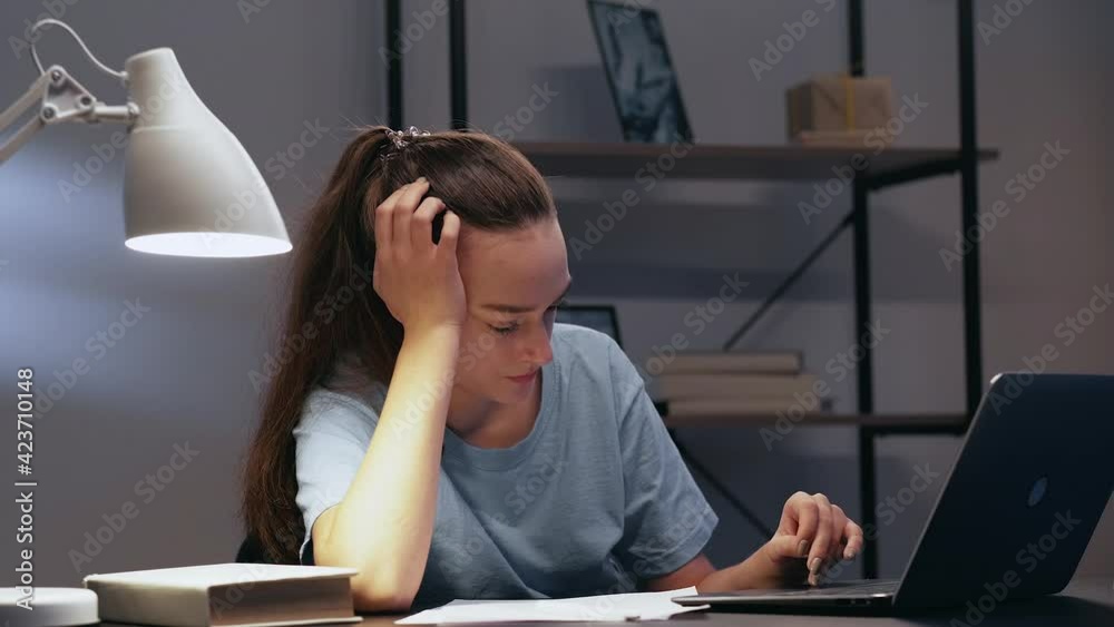 Late work. Night fatigue. Remote job procrastination. Tired exhausted ...