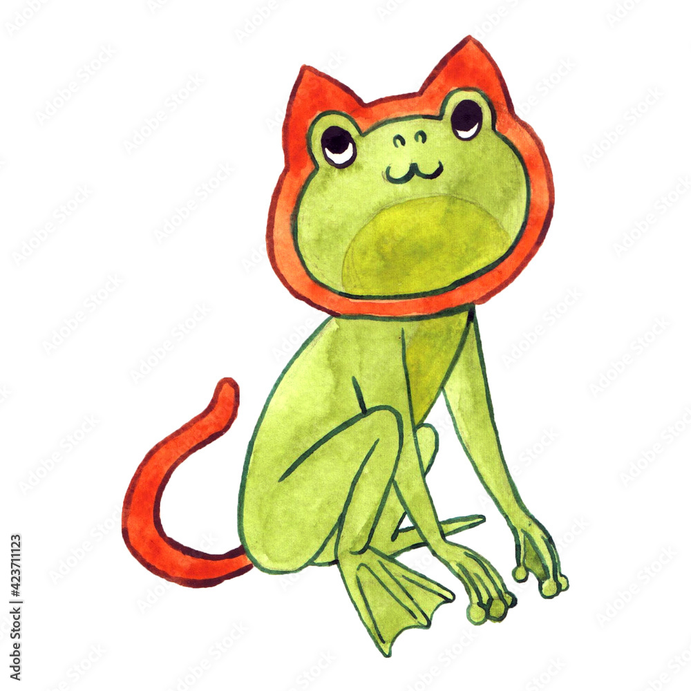 Hand drawn Illustration Cute Frog with cat hat and cat tail on a White ...