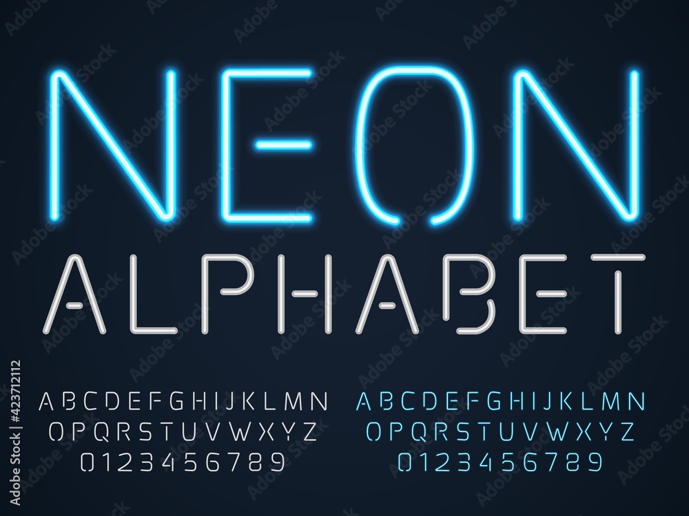 Neon font. Latin fluorescent tubes latin alphabet, glowing blue light ...