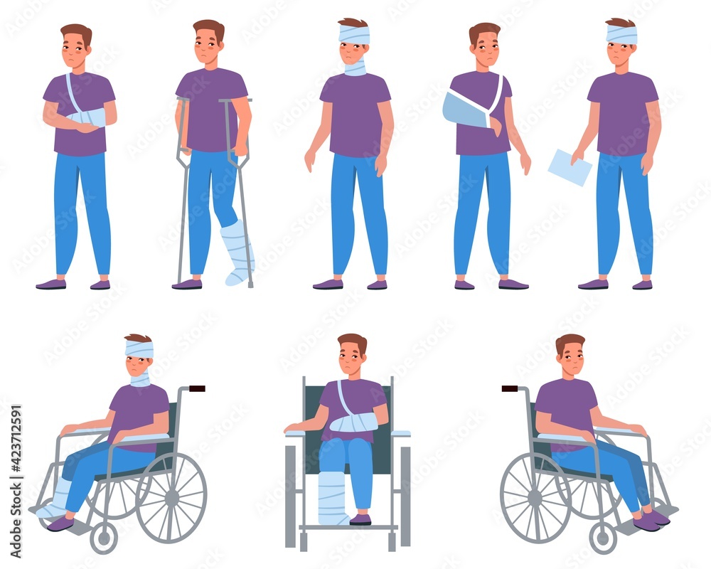 Man with injury. Guy with bandage and plaster, injuries and wounds ...