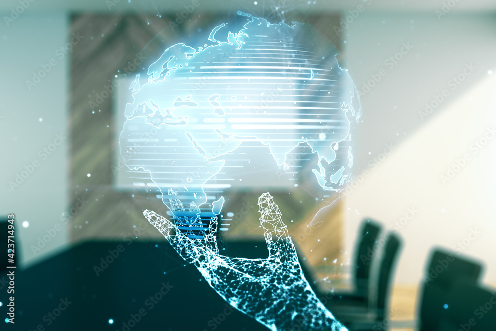Multi exposure of abstract graphic world map hologram on a modern ...