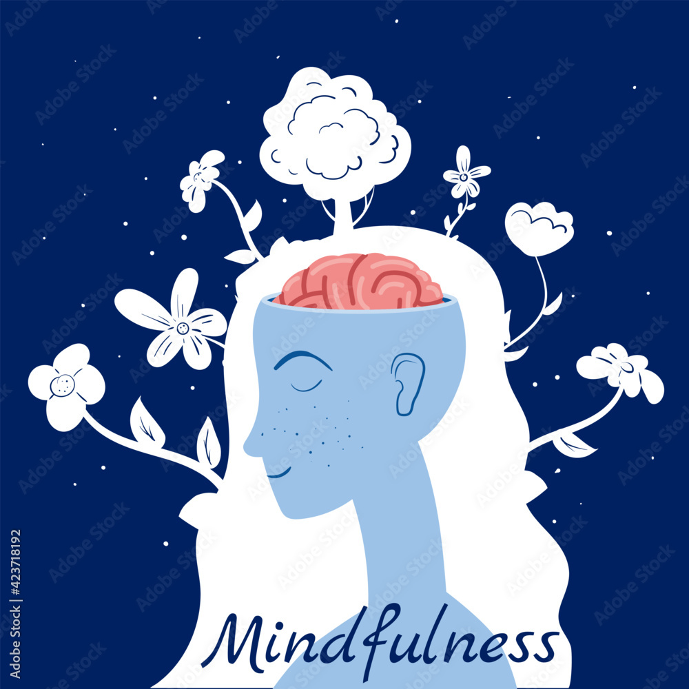 Mindfulness concept Woman in meditation. Open brain mental calm mind ...